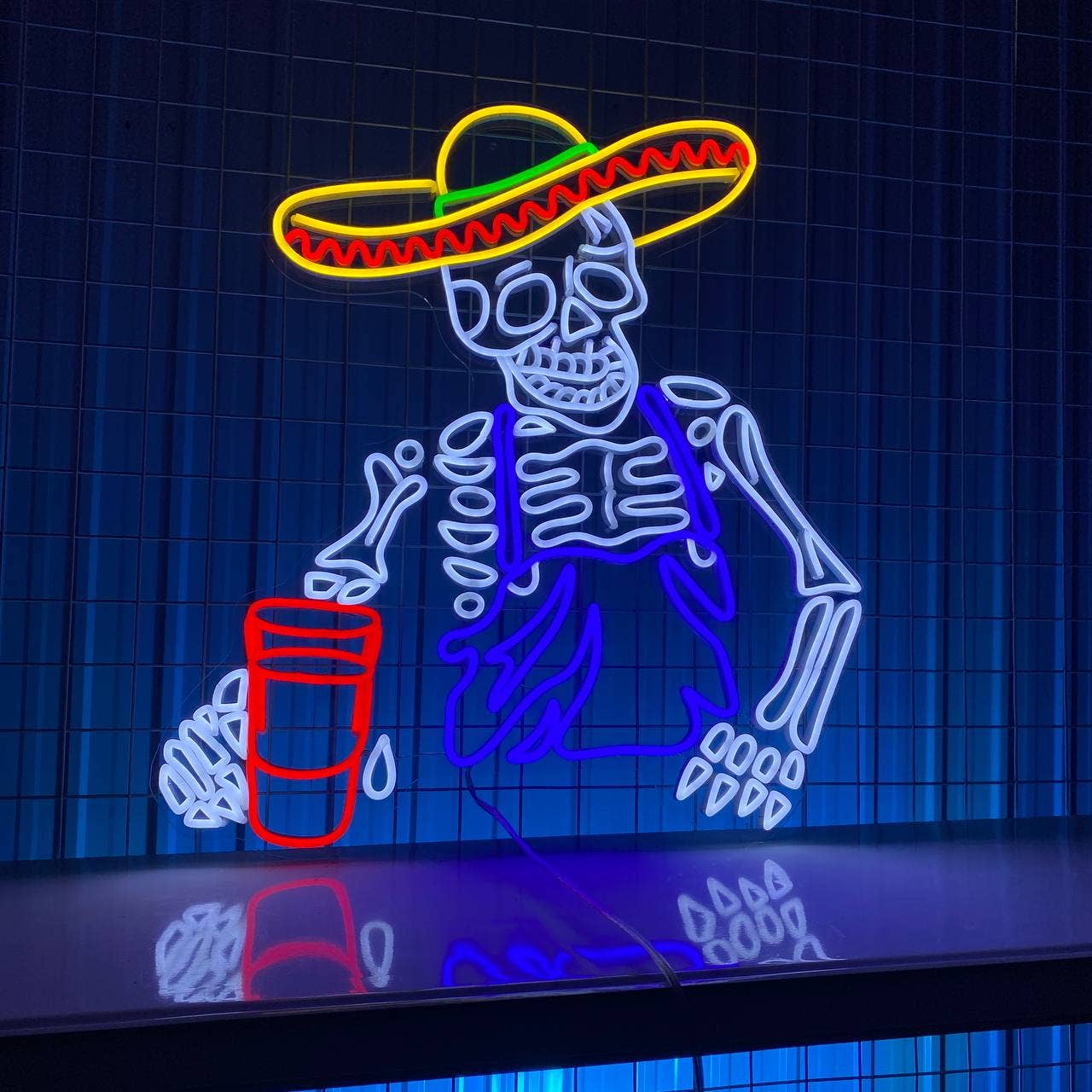 Vibrant Day of the Dead Neon Sign – Colorful Skeleton & Sombrero Decor