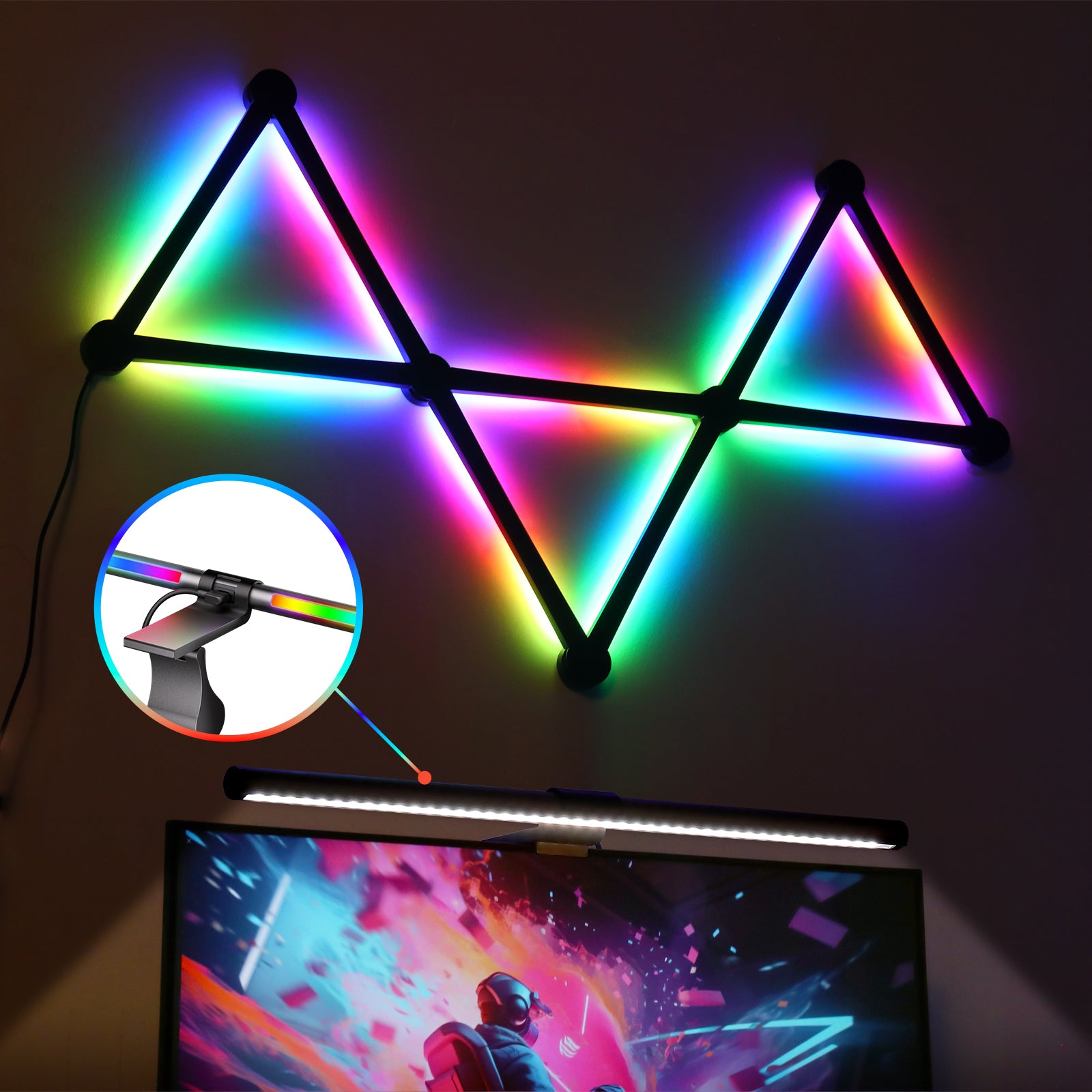 Smart RGB Gaming Light Combo – 9 LinesGlide Wall Light Bars + Eye-Cari