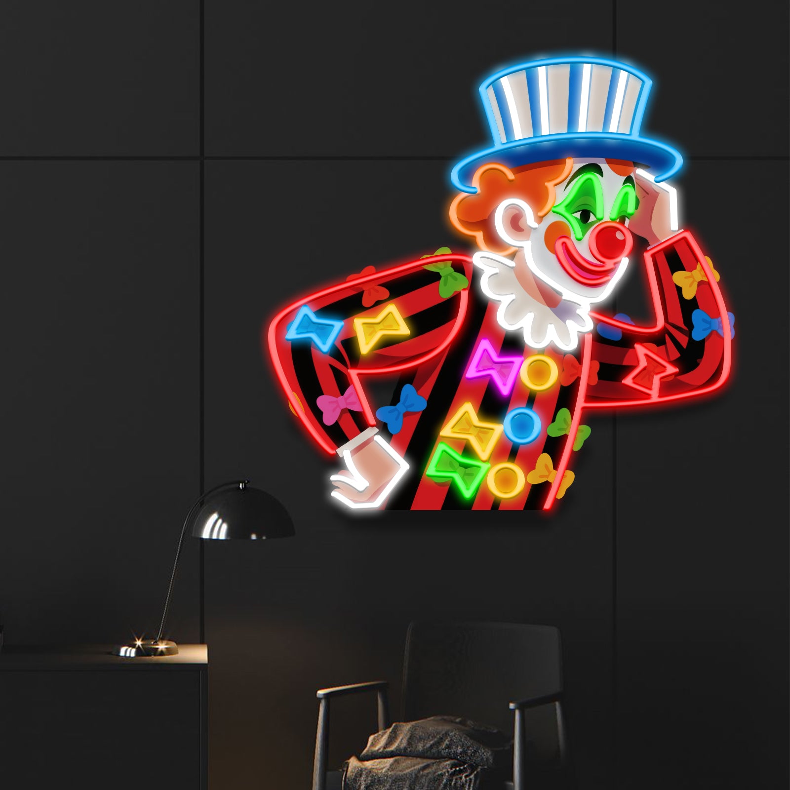 Clown Neon Sign – Blue Hat & Bowtie Outfit , Whimsical Wall Light for