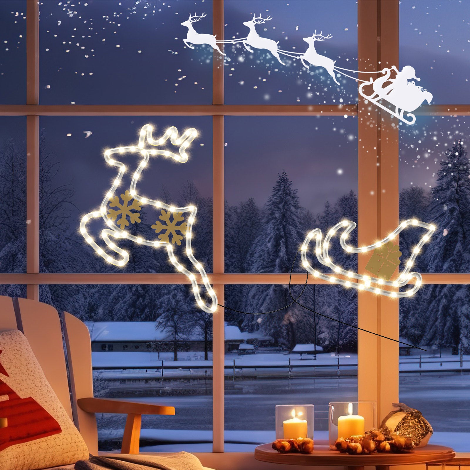 Christmas Reindeer Sleigh Window Light – 95 LED Bulbs, 8 Lighting Modes ...