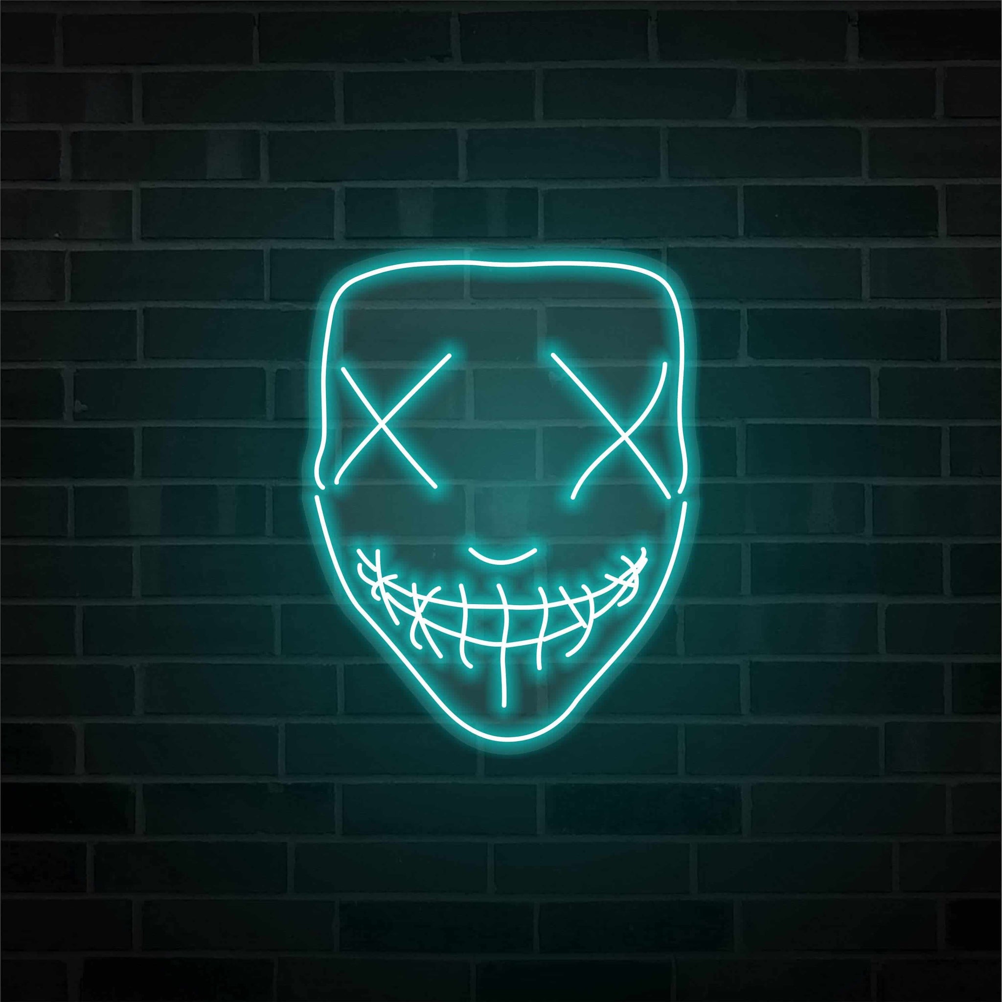 Grinning Mask Neon Sign – Eerie Teal Glow for Halloween, Bars, and Home ...