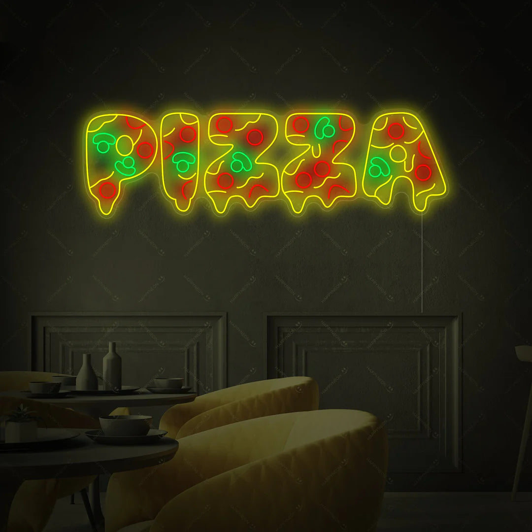 Vibrant 'PIZZA' Neon Sign - Colorful Pepperoni & Green Peppers, Bright ...